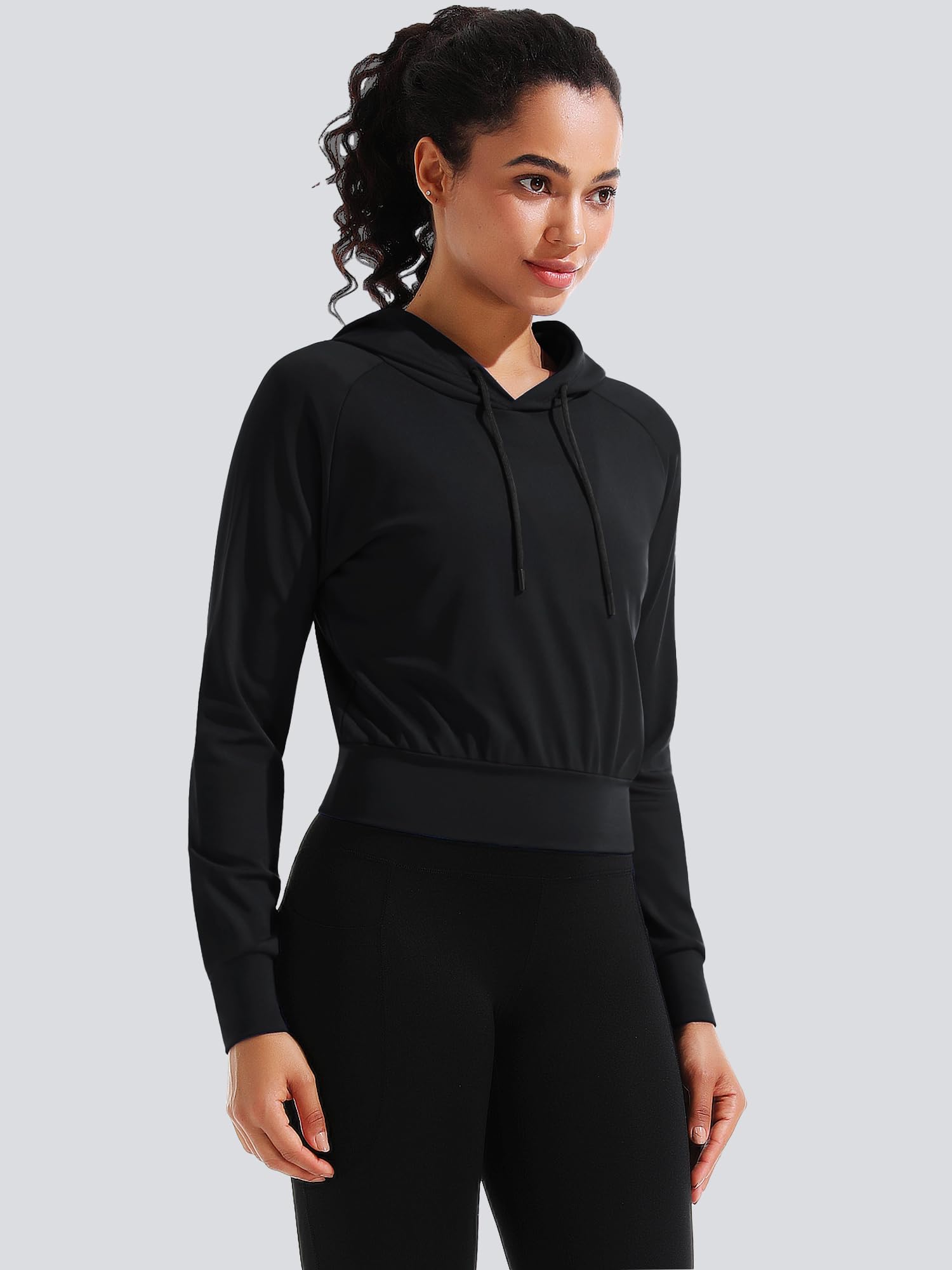 CADMUS Women's Workout Long Sleeve Shirts with Hoodie Sweatshirt Running Crop Top 2 Pack, Black, Navy Blue, Large