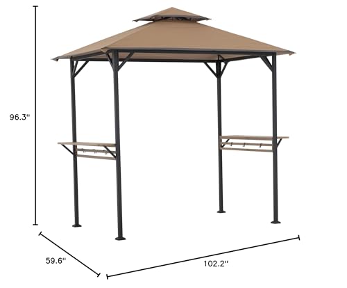 Sunjoy 5 x 8 ft Grill Gazebo with Double Tiered Canopy Roof, Black Steel Frame Grill Gazebo for Outdoor, Patio, Garden, and Backyard Activities, Khaki