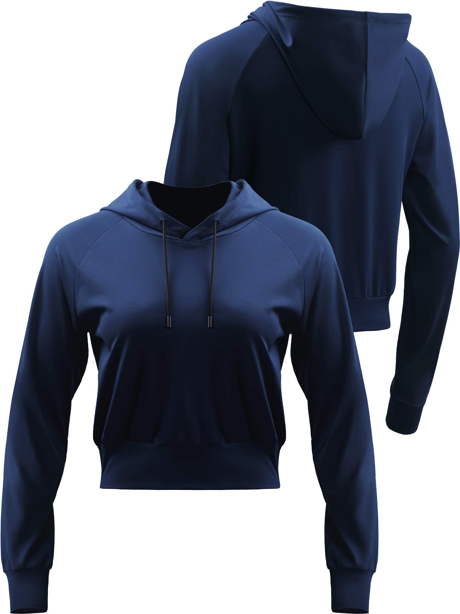 CADMUS Women's Workout Long Sleeve Shirts with Hoodie Sweatshirt Running Crop Top 2 Pack, Black, Navy Blue, Large