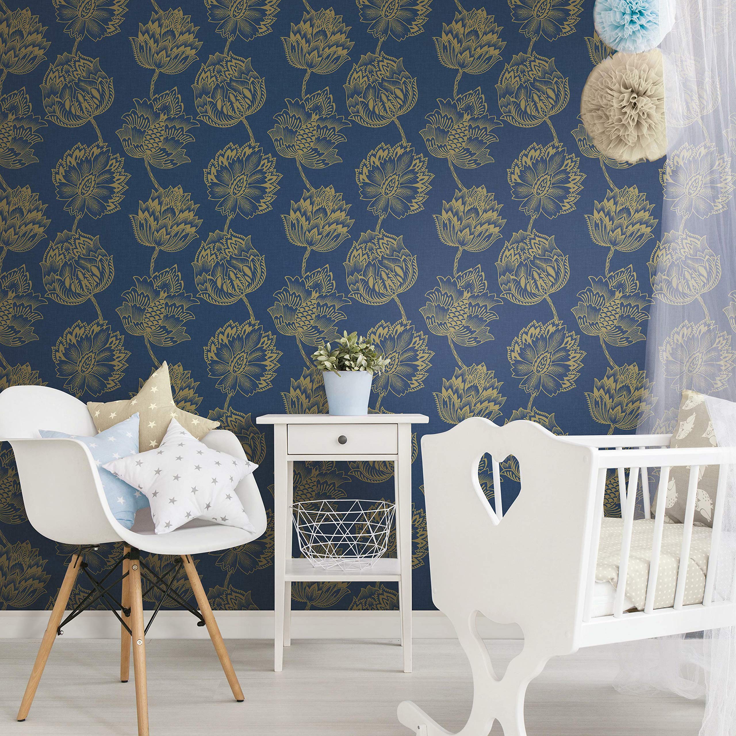 RoomMates RMK11909WP Navy and Gold Batik Jacobean Peel and Stick Wallpaper