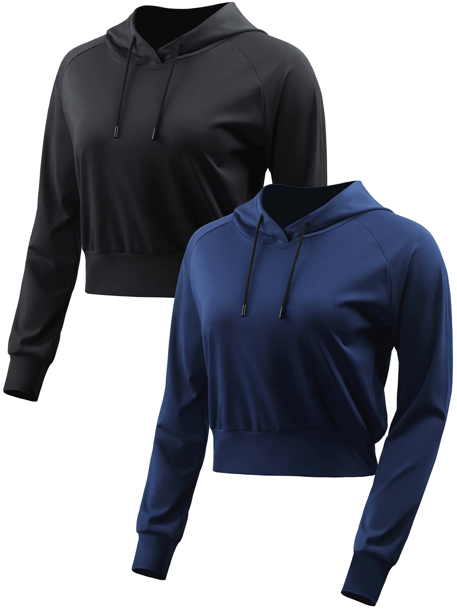 CADMUS Women's Workout Long Sleeve Shirts with Hoodie Sweatshirt Running Crop Top 2 Pack, Black, Navy Blue, Large