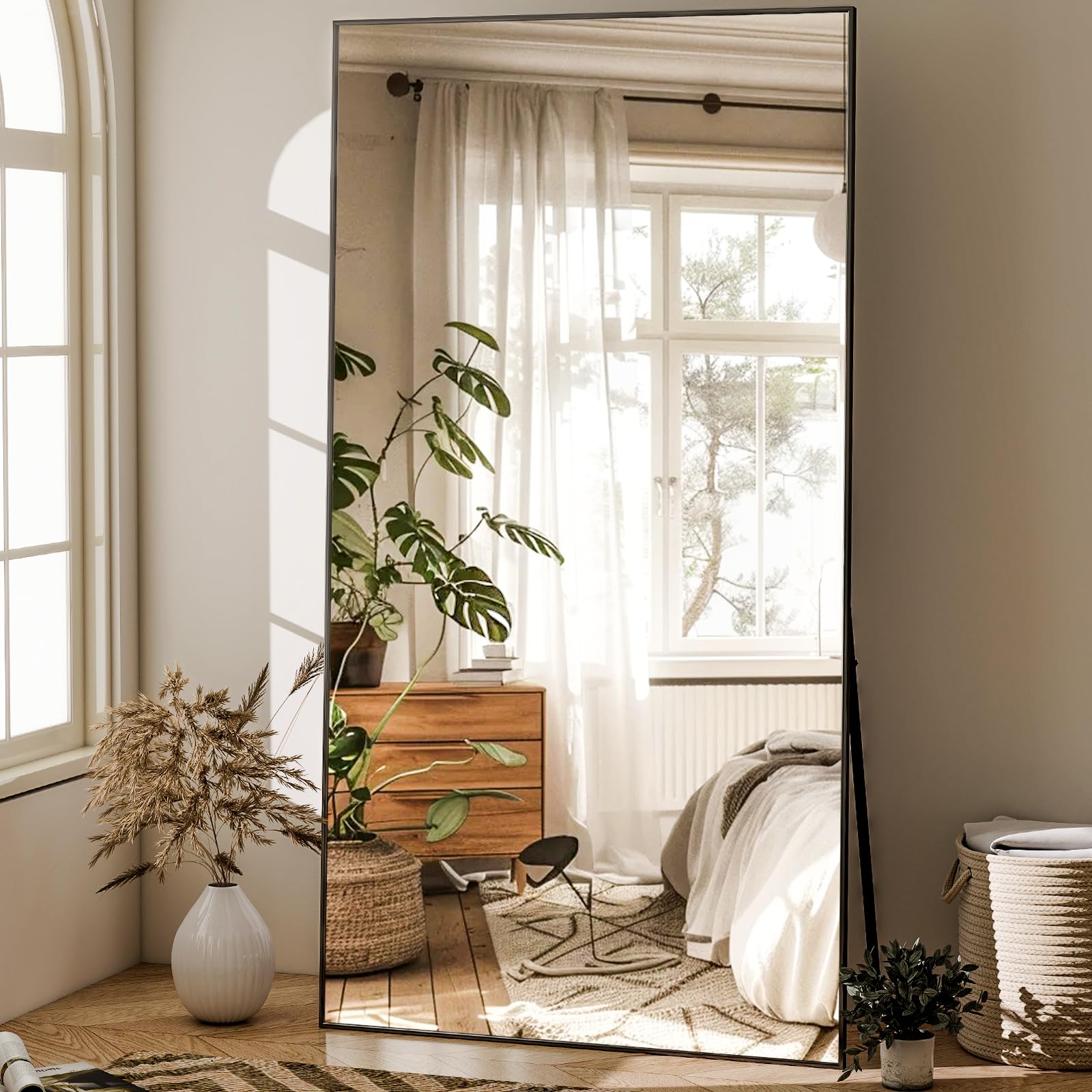 GLSLAND 71"x31" Full Length Mirror Extra Large Hanging or Leaning Rectangle Mirror Aluminum Alloy Thin Frame Bedroom Floor Dressing,Black
