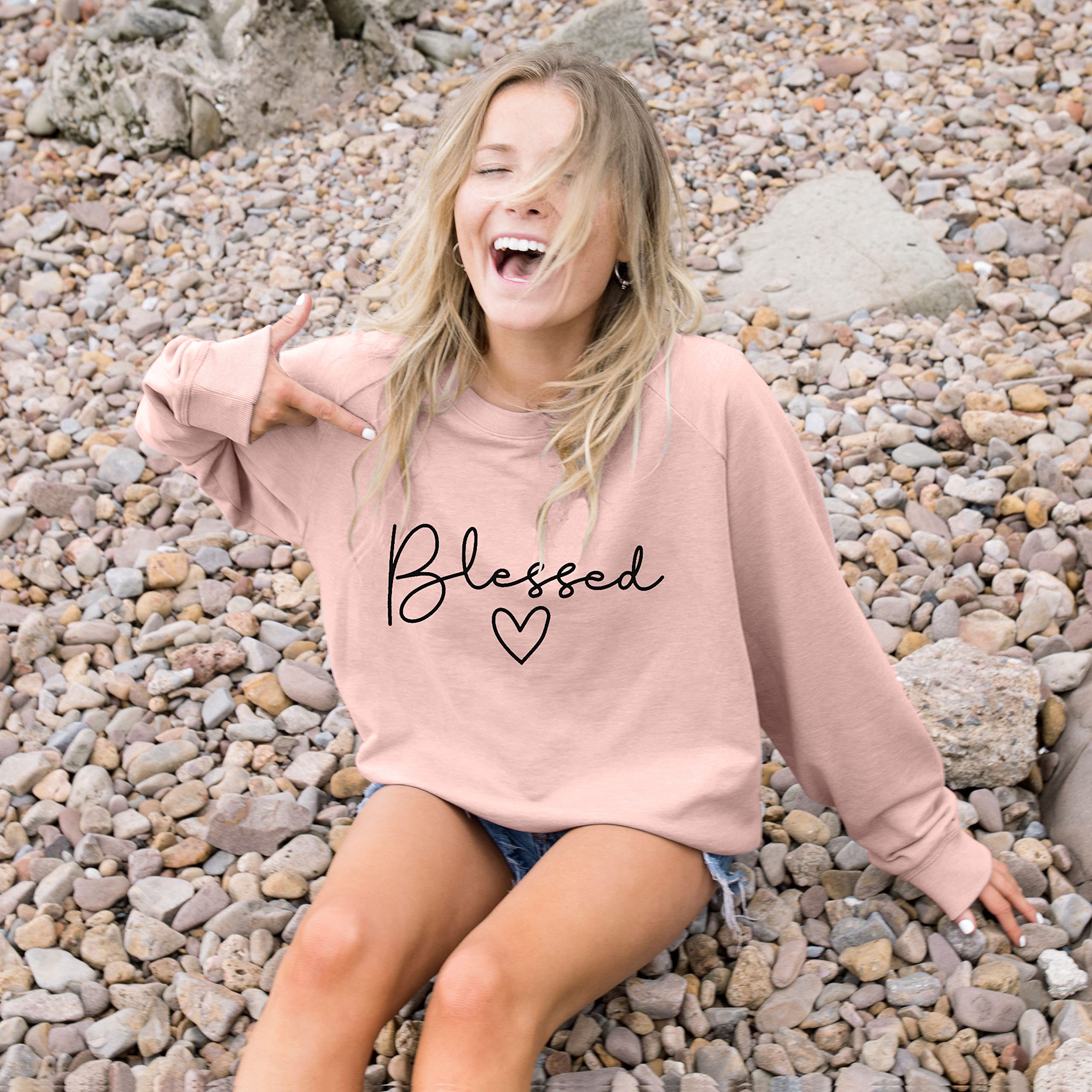 UNIQUEONE Blessed Sweatshirt for Women Letter Print Lightweight Thanksgiving Pullover Tops Blouse (Pink, XX-Large)