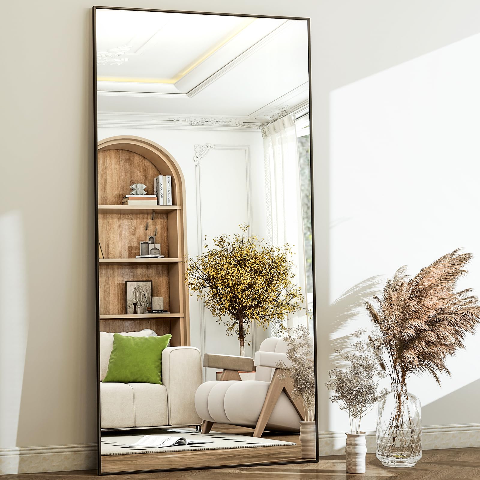 GLSLAND 71"x31" Full Length Mirror Extra Large Hanging or Leaning Rectangle Mirror Aluminum Alloy Thin Frame Bedroom Floor Dressing,Black