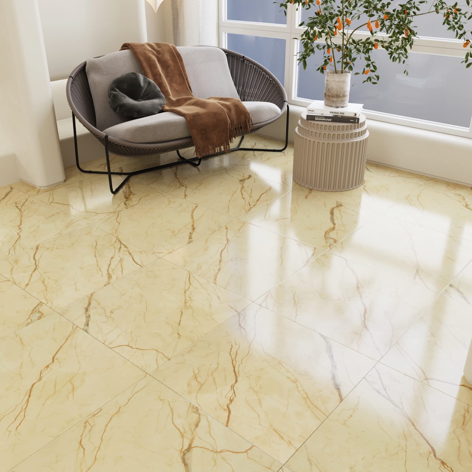 WESTICK Peel and Stick Waterproof Floor Tile Yellow Marble Floor Tiles Bathroom Flooring Tiles Peel and Stick Tiles for Floor Self Adhesive Removable Vinyl Flooring Kitchen Bedroom 12 x 12 in 5 PCS