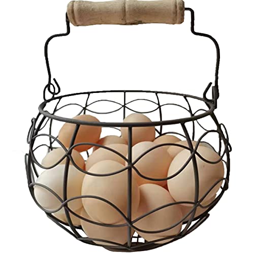 Metal Wire Egg Baskets for Collect Fresh Egg Baskets Countertop Holder, LINCOUNTRY Rustic Round Small Chicken Basket Gathering Fresh Egg With Handle,Country Primitive Farmhouse Vintage Storage Gift