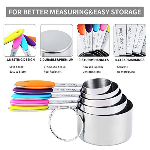 TILUCK measuring cups and magnetic measuring spoons set, 5 stainless steel measuring cups, 6 double-sided stainless steel measuring spoons & 1 leveler (5+7)