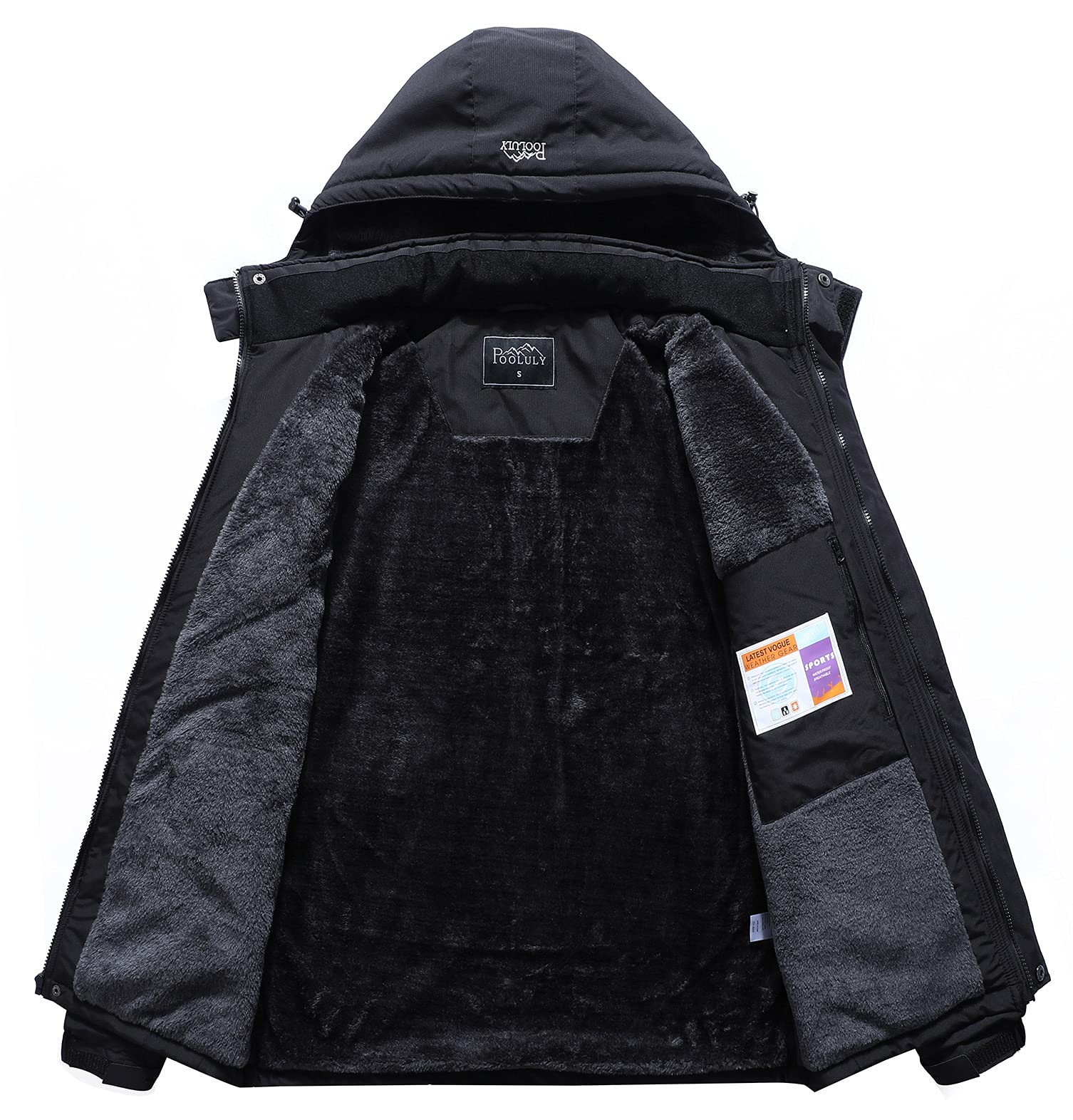 Pooluly Men's Ski Jacket Warm Winter Waterproof Windbreaker Hooded Raincoat Snowboarding Jackets Black-XL