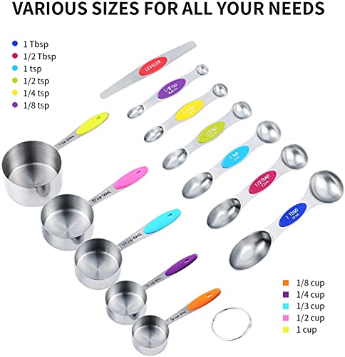 TILUCK measuring cups and magnetic measuring spoons set, 5 stainless steel measuring cups, 6 double-sided stainless steel measuring spoons & 1 leveler (5+7)