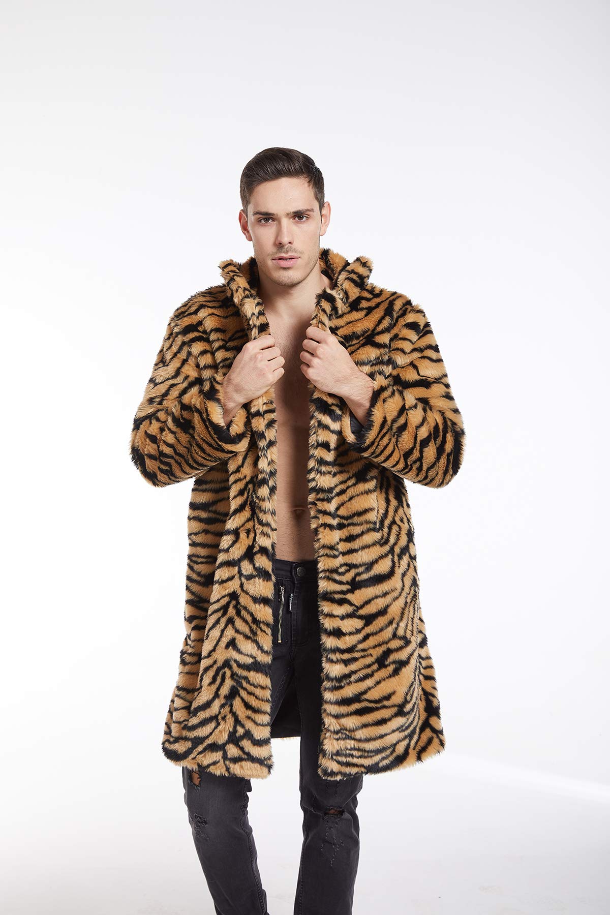 UMREN Mens Warm Yellow Tiger Faux Fur Coats Jacket Long Luxury Overwear Parka Cardigans Yellow Tiger 4X