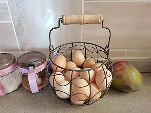 Metal Wire Egg Baskets for Collect Fresh Egg Baskets Countertop Holder, LINCOUNTRY Rustic Round Small Chicken Basket Gathering Fresh Egg With Handle,Country Primitive Farmhouse Vintage Storage Gift