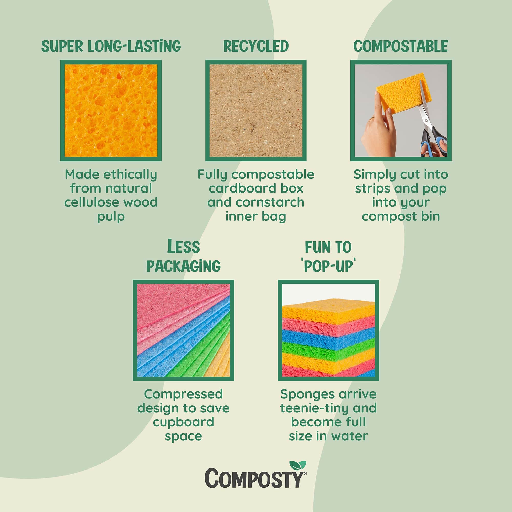 Composty® | Premium 'Pop-Up' Eco Sponges | 12 Pack | Compostable | Zero Waste | Plastic Free | Natural Cellulose | Long-Lasting | 4 Colors: Perfect for Kitchen, Washing Up, Bathroom | One Tree Planted