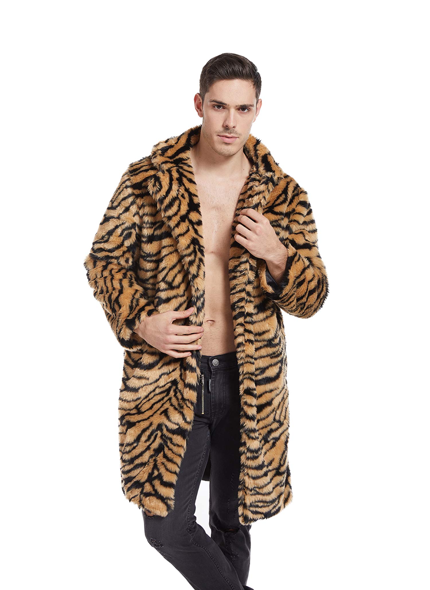 UMREN Mens Warm Yellow Tiger Faux Fur Coats Jacket Long Luxury Overwear Parka Cardigans Yellow Tiger 4X