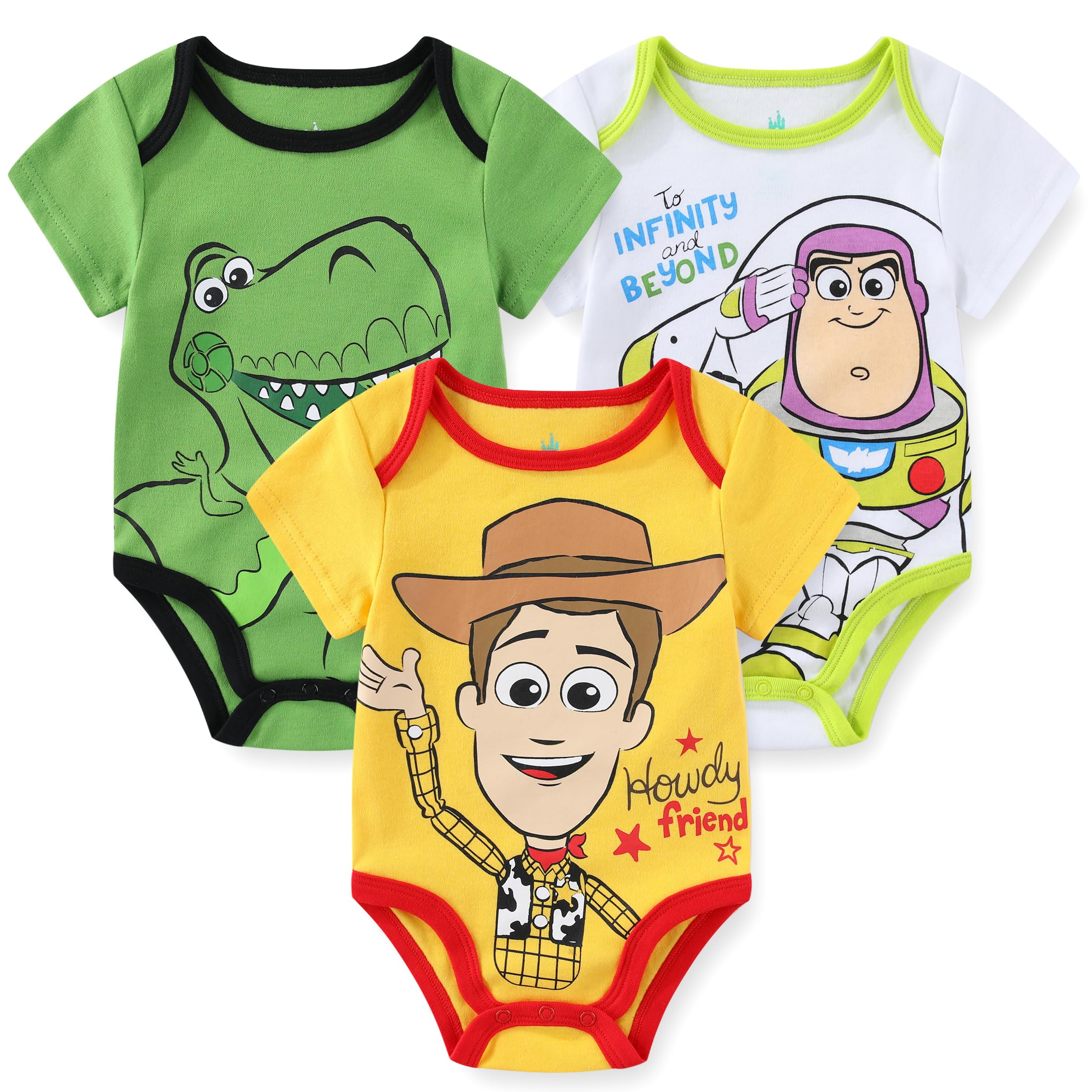 Disney Baby Toy Story Mickey Mouse Cars Winnie the Pooh Boys 3 Pack Bodysuit Creeper for Newborn and Infant