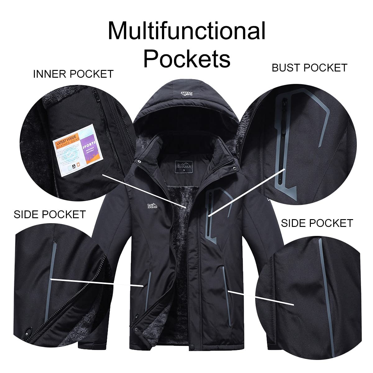 Pooluly Men's Ski Jacket Warm Winter Waterproof Windbreaker Hooded Raincoat Snowboarding Jackets Black-XL