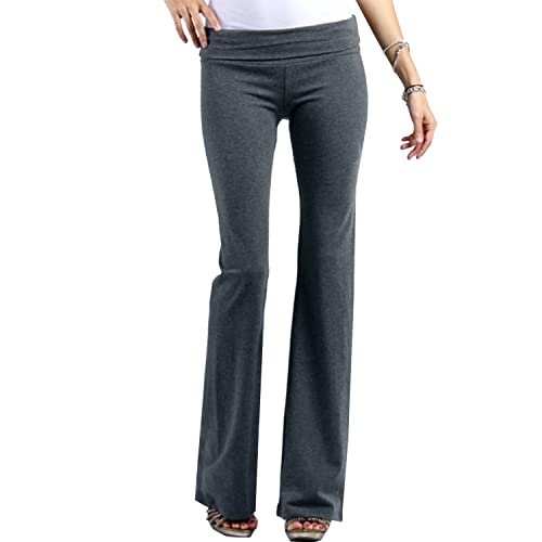 CNC STYLE P001 Women's Women's Comfy Cotton Foled Waist Stretch Bootcut Yoga Leggings High Waisted Bootleg Flare Work Pants, Charcoal Grey, Medium