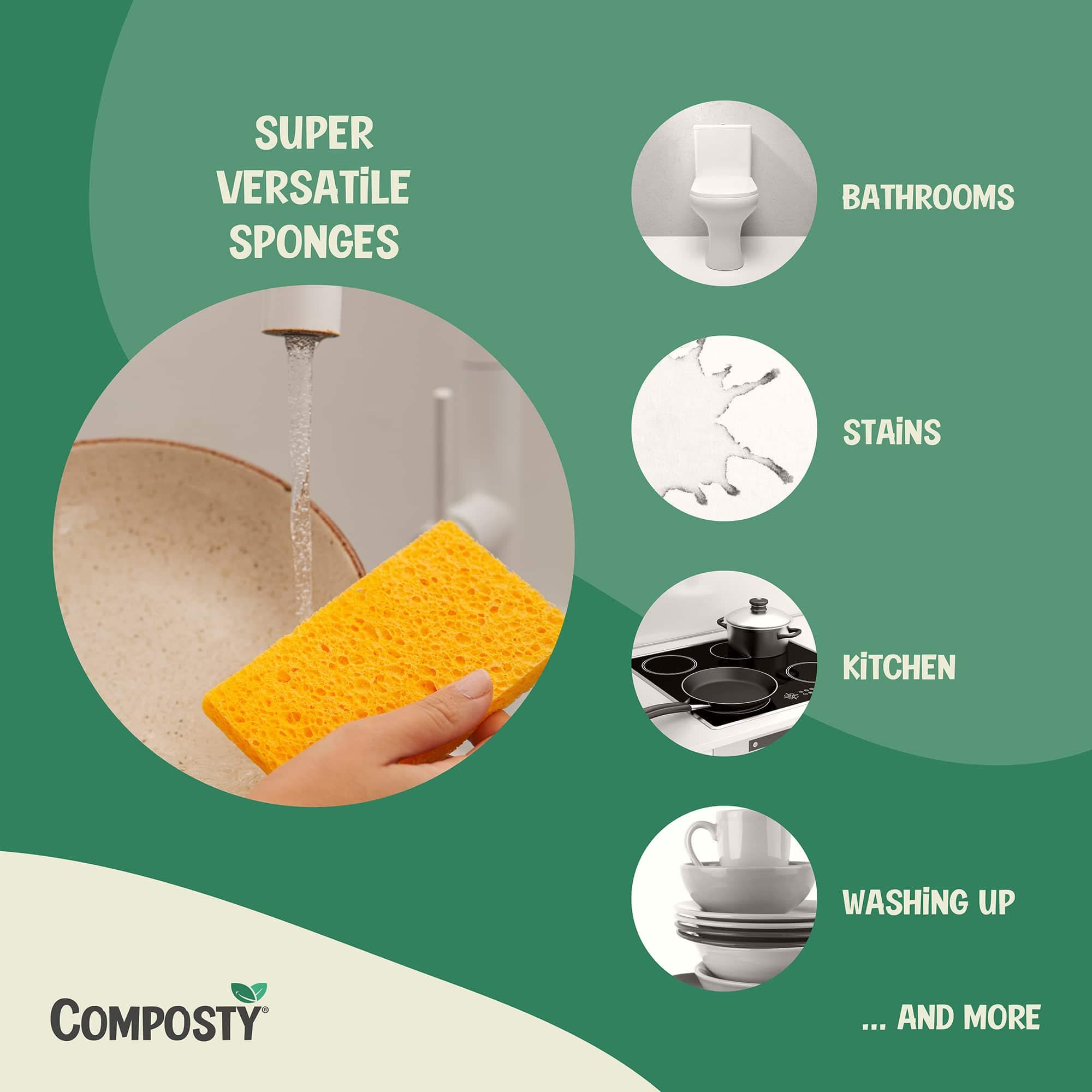 Composty® | Premium 'Pop-Up' Eco Sponges | 12 Pack | Compostable | Zero Waste | Plastic Free | Natural Cellulose | Long-Lasting | 4 Colors: Perfect for Kitchen, Washing Up, Bathroom | One Tree Planted
