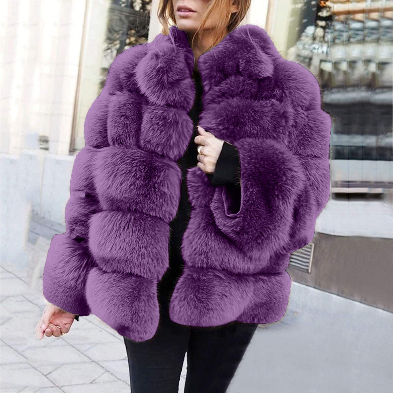 Women Plus Size Luxury Winter Warm Fluffy Faux Fur Short Coat Jacket Parka Outwear,Cropped Plush Jacket Purple