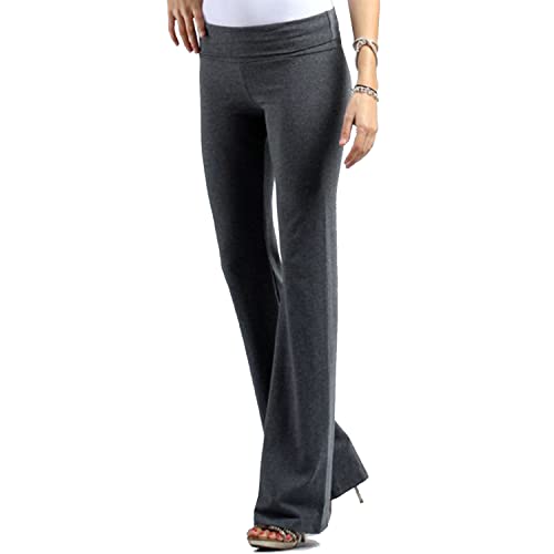 CNC STYLE P001 Women's Women's Comfy Cotton Foled Waist Stretch Bootcut Yoga Leggings High Waisted Bootleg Flare Work Pants, Charcoal Grey, Medium