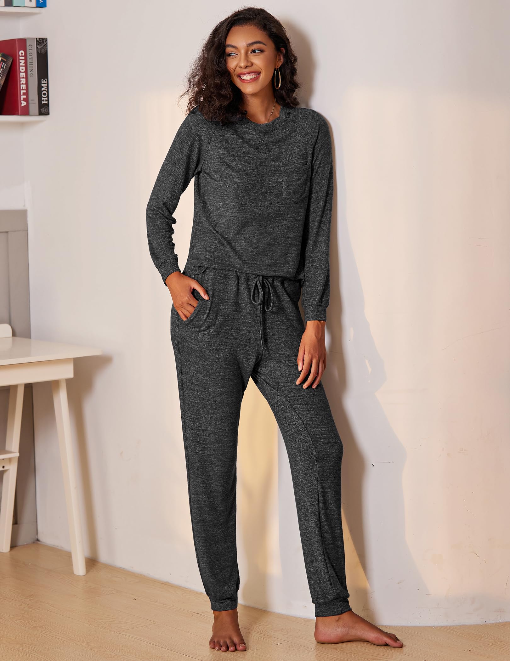 Ekouaer Womens Pajamas Set Long Sleeve Loungewear Soft Lounge Set Joggers with Pockets,Medium,Dark Grey