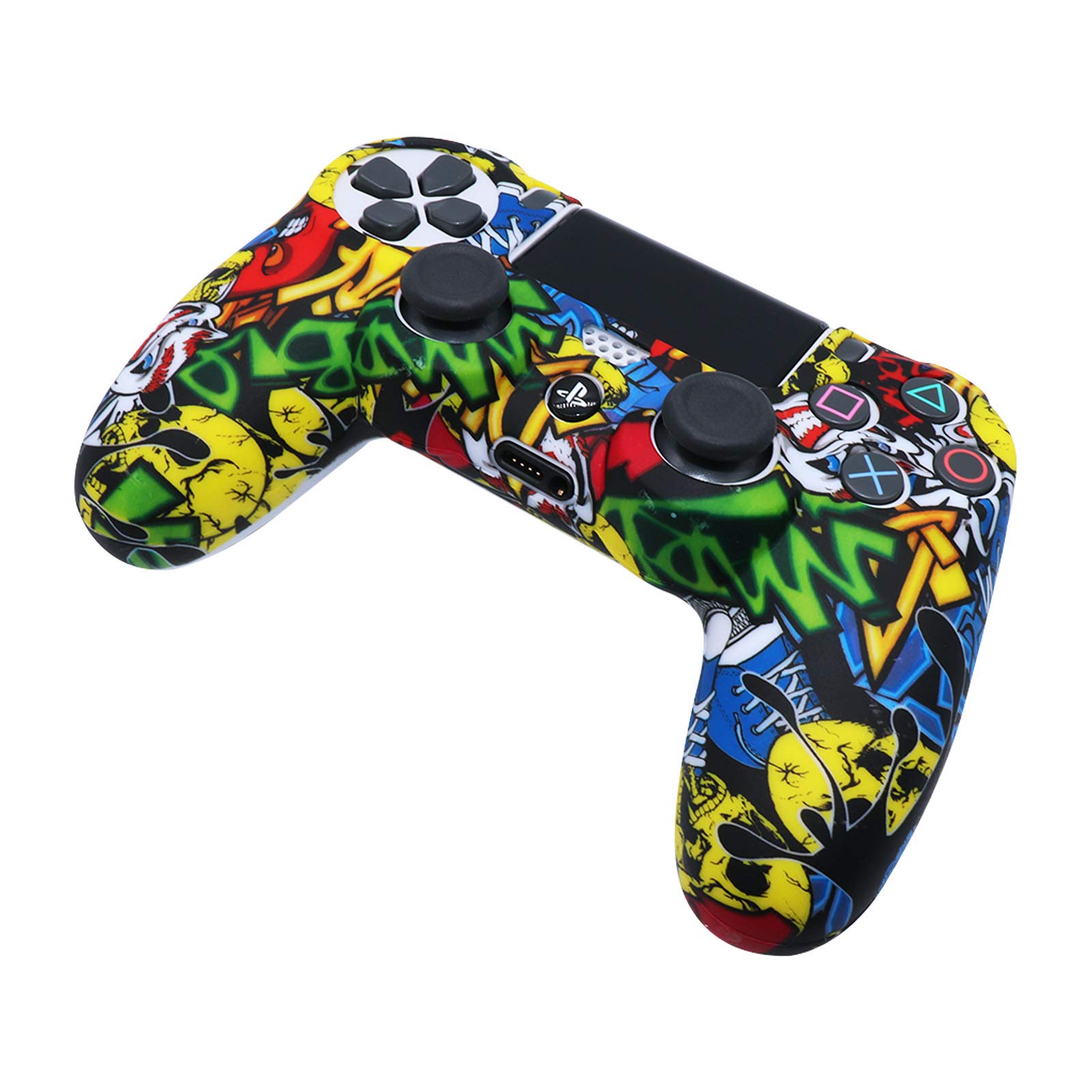 Transfer Printing Anime Silicone Cover Skin Case For Sony PS4/Slim /Pro Dualshock 4 Controller ,Soft Anti Slip Camouflage Silicone cover with thumb grip cap accessories x 10 (Monster spray painting)