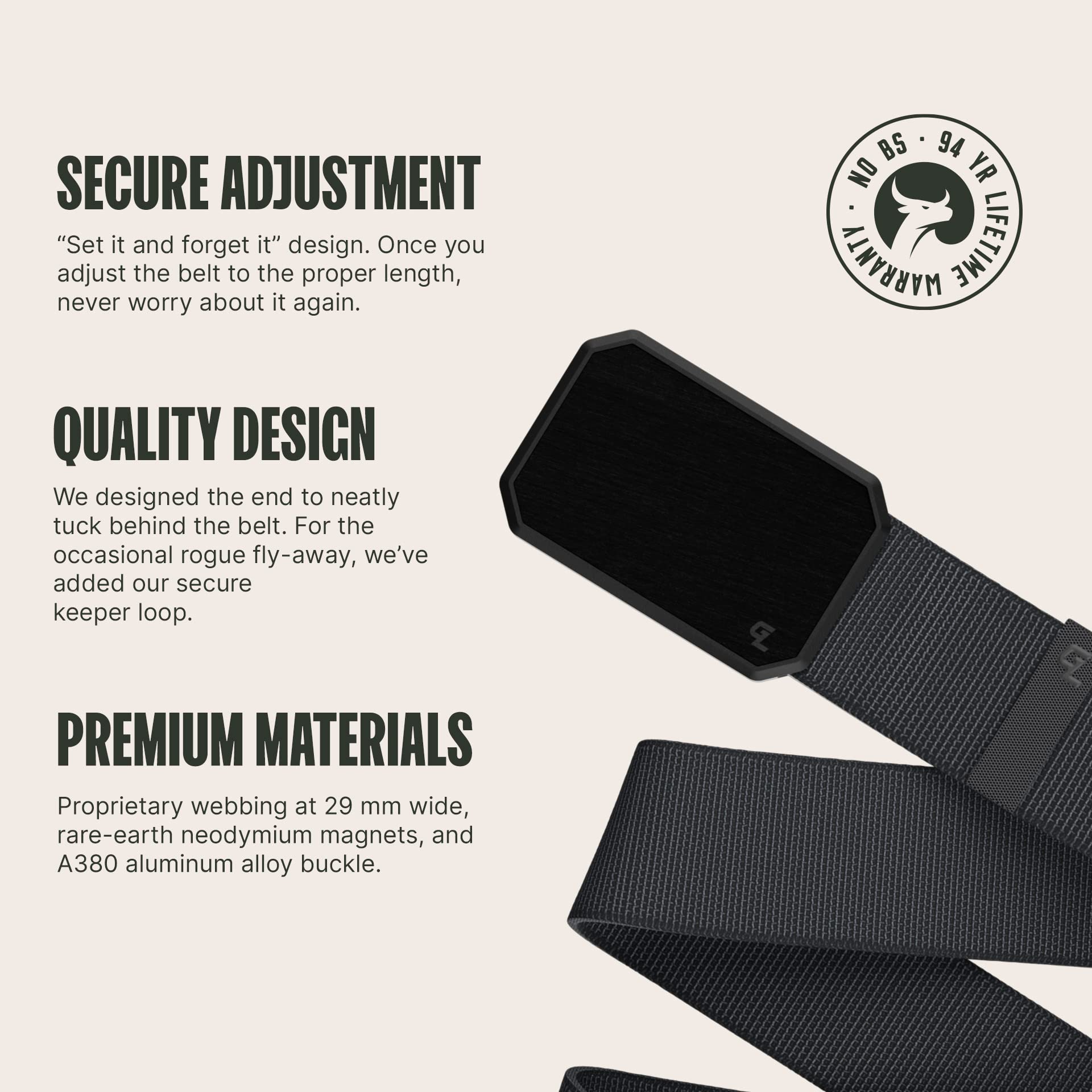 Groove Life Groove Belt Black/Stone - Men's Stretch Nylon Belt with Magnetic Aluminum Buckle, Lifetime Coverage - Large (37-40")