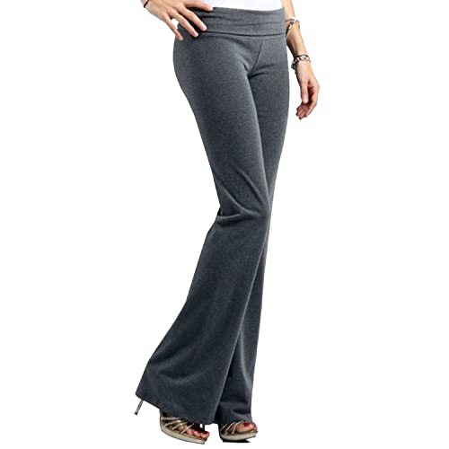 CNC STYLE P001 Women's Women's Comfy Cotton Foled Waist Stretch Bootcut Yoga Leggings High Waisted Bootleg Flare Work Pants, Charcoal Grey, Medium