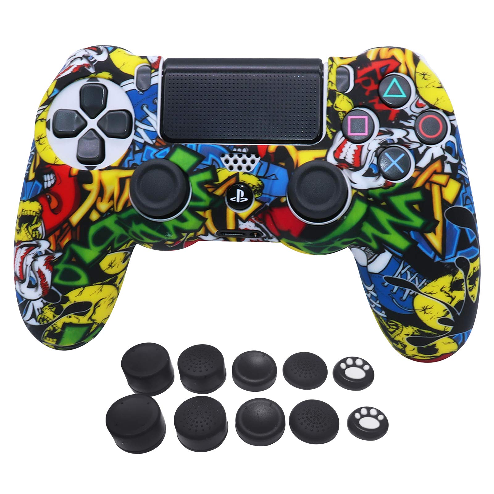 Transfer Printing Anime Silicone Cover Skin Case For Sony PS4/Slim /Pro Dualshock 4 Controller ,Soft Anti Slip Camouflage Silicone cover with thumb grip cap accessories x 10 (Monster spray painting)