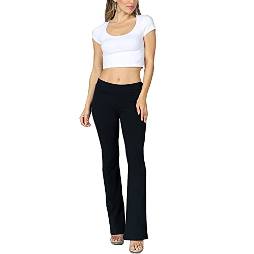 CNC STYLE P001 Women's Comfy Cotton Foled Waist Stretch Bootcut Yoga Leggings High Waisted Bootleg Flare Work Pants, Black, Large