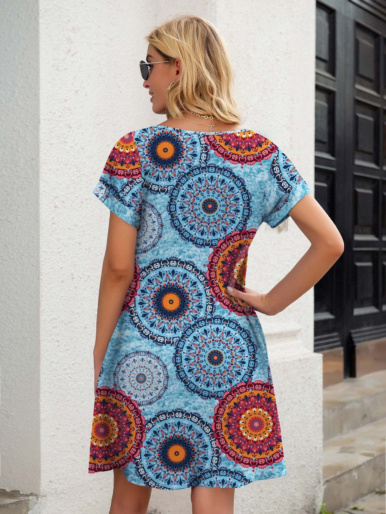 WEACZZY Women's Summer Short Sleeve Casual Dresses Swing Cover Up Loose Sundress with Pockets (Floral Mix Blue,Medium)