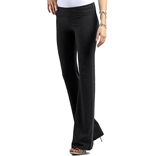 CNC STYLE P001 Women's Comfy Cotton Foled Waist Stretch Bootcut Yoga Leggings High Waisted Bootleg Flare Work Pants, Black, Large