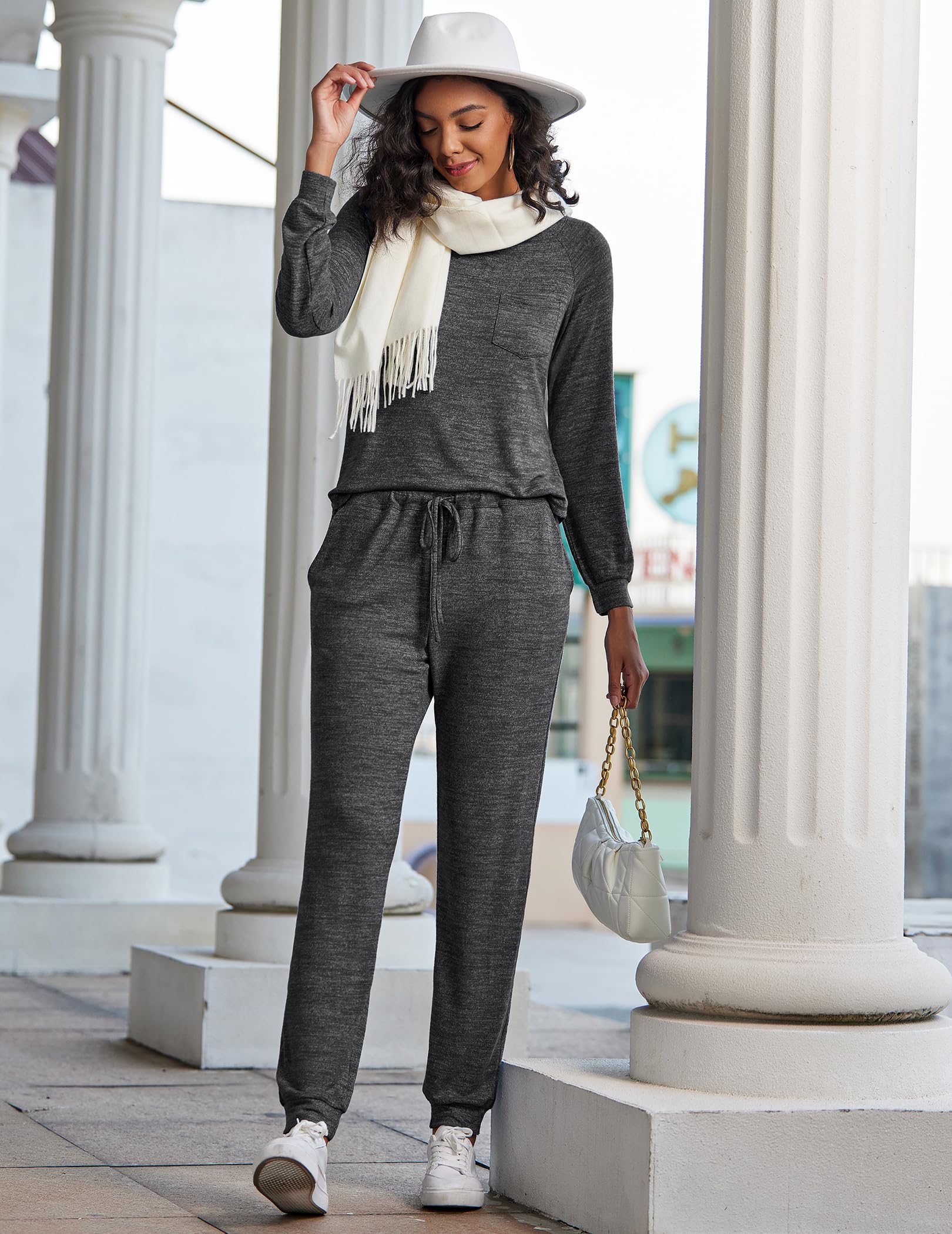 Ekouaer Womens Pajamas Set Long Sleeve Loungewear Soft Lounge Set Joggers with Pockets,Medium,Dark Grey