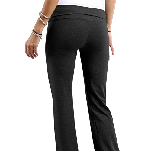 CNC STYLE P001 Women's Comfy Cotton Foled Waist Stretch Bootcut Yoga Leggings High Waisted Bootleg Flare Work Pants, Black, Large