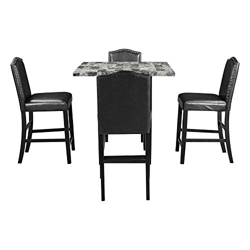 Danxee 5-Piece Counter Height Dining Set Faux Marble Top Counter Height Dining Table Set with 4 Leather-Upholstered Chairs and Bottom Shelf for Bar, Bistro, Dining Room, Kitchen (Gray)