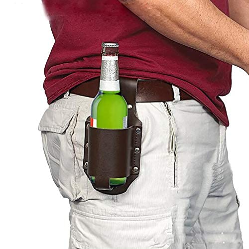 2 Pcs PU Leather Beer Holsters, Beer Holder Belt Drink Waist Bag for Travel, Outdoor, Backyard (Brown)
