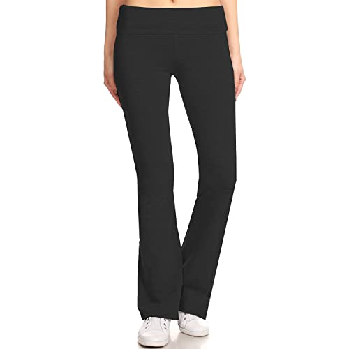 CNC STYLE P001 Women's Comfy Cotton Foled Waist Stretch Bootcut Yoga Leggings High Waisted Bootleg Flare Work Pants, Black, Large