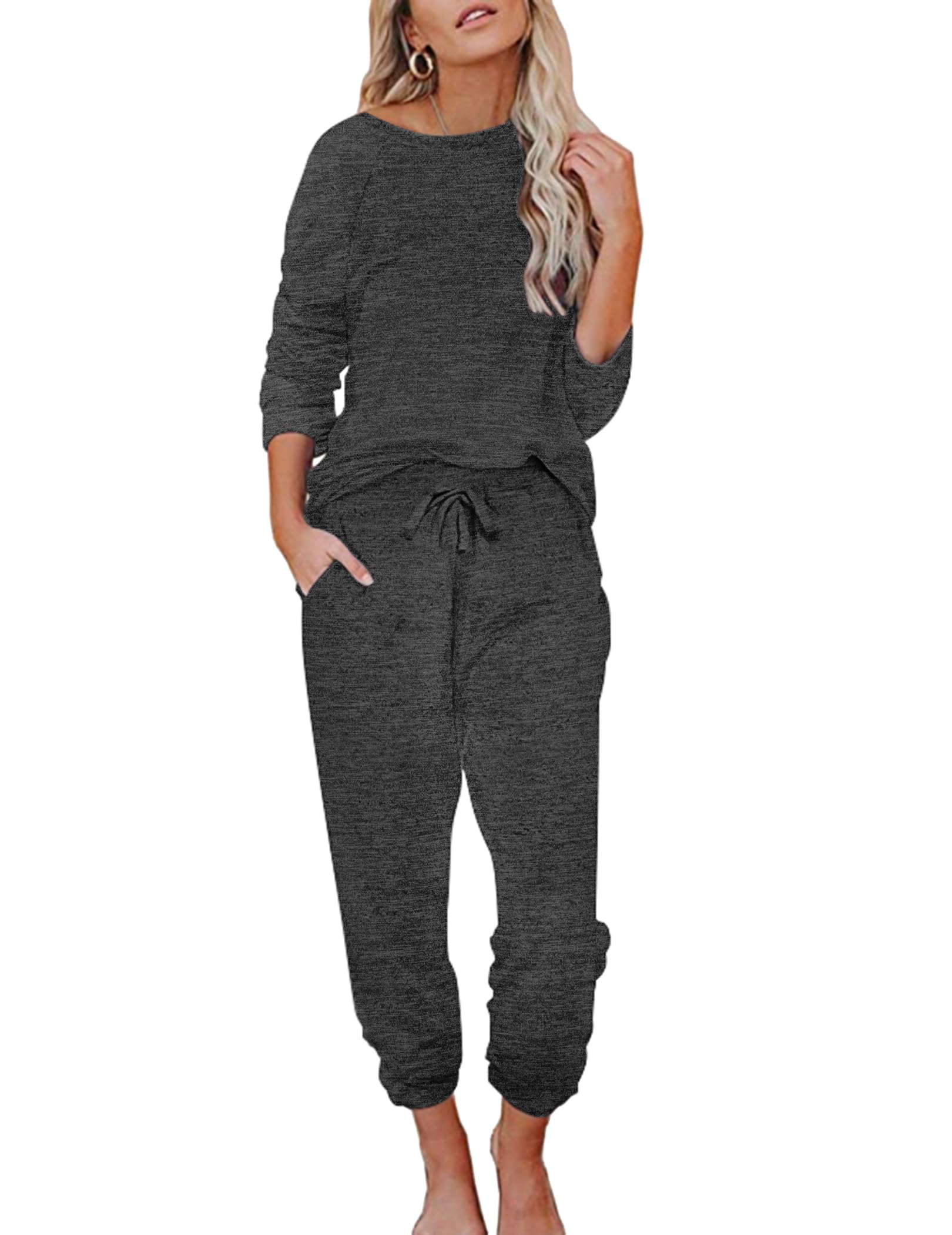 Ekouaer Womens Pajamas Set Long Sleeve Loungewear Soft Lounge Set Joggers with Pockets,Medium,Dark Grey