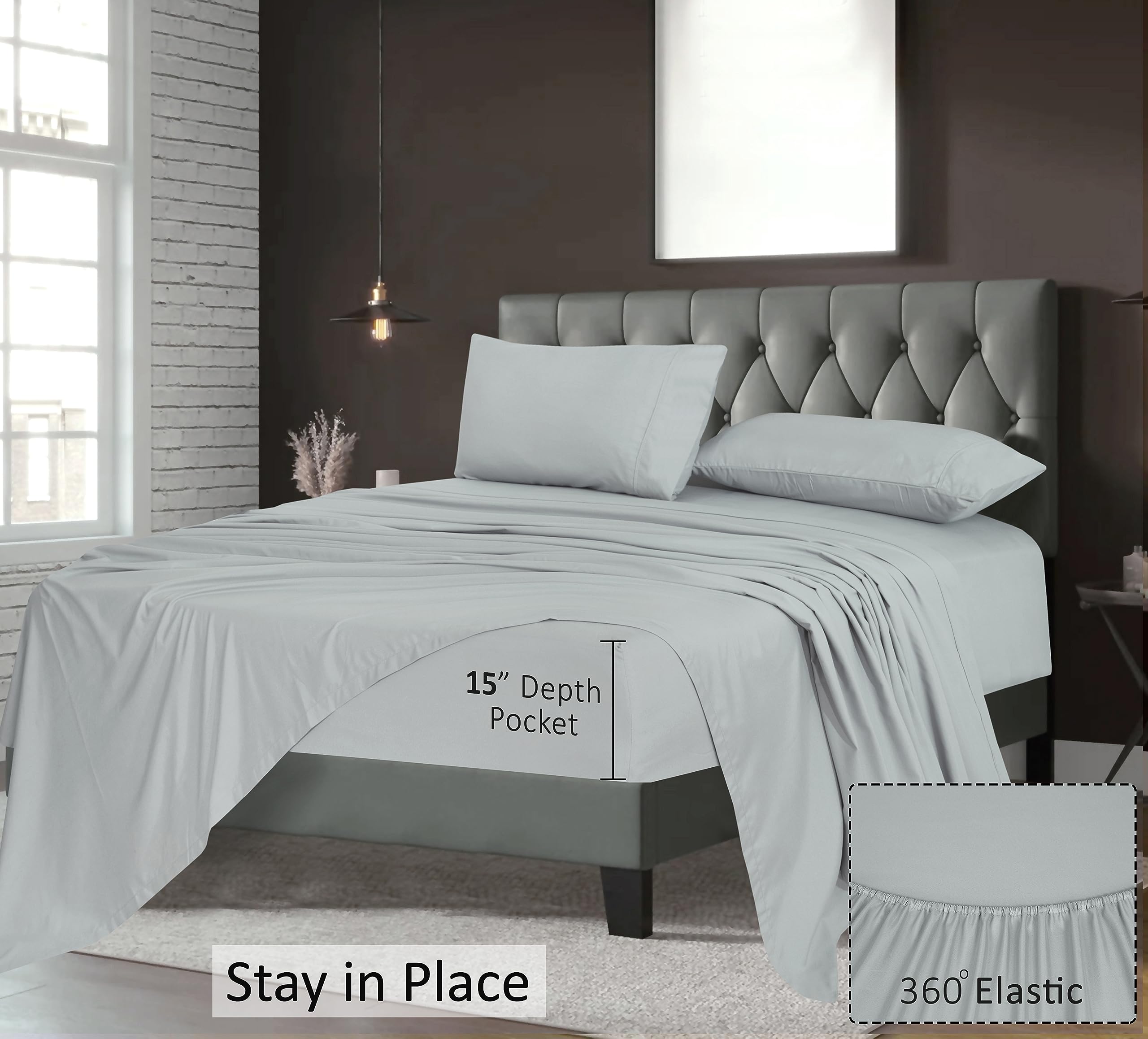 RUVANTI Full Size Sheets Set, Brushed Microfiber Sheets 4 Pieces (1 Fitted Sheet, 1 Flat Sheet, 2 Pillowcases), with 15-inch Deep Pockets, Lightweight & Compfy Premium Hotel Bedding, Light Grey