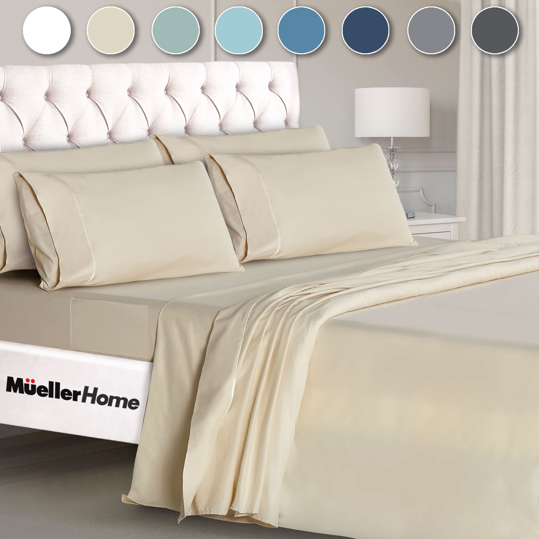 Mueller Luxury 6 PC Full Size Bed Sheets, Super Soft 1800, Deep Pocket up to 16" Full Size Sheets, Transfers Heat, Breathes Better, Hypoallergenic, Wrinkle-Resistant, Oeko-TEX, Cream