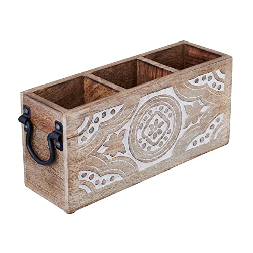 Eximious India Wooden 3 Compartment Flatware Utensil Caddy Silverware Cutlery Holder for Party Fork Spoon Knife Holder Organizer Hand Carved CTH02