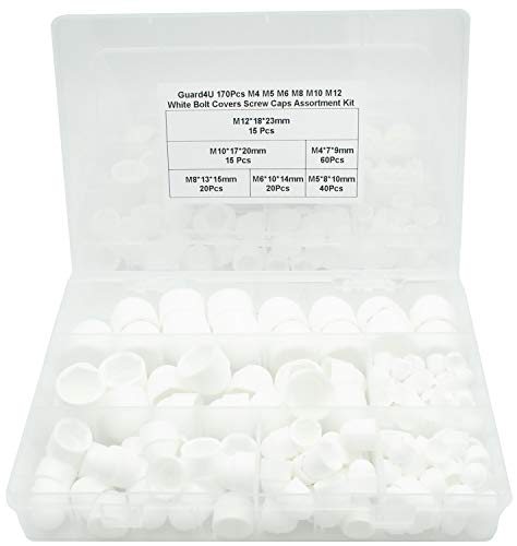 Guard4U 170Pcs 6-Sizes White Bolt Covers Screw Caps Assortment Kit,M4 M5 M6 M8 M10 M12 Plastic Acorn Dome Protection Caps for Protecting Hexagon Shaped Screws Bolts