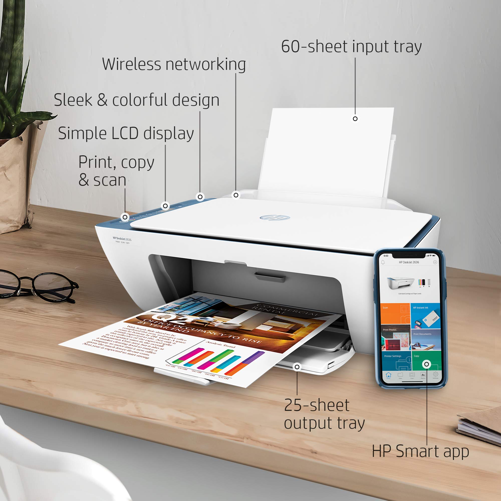 HP DeskJet 2636 Wireless All-in-One Color Inkjet Printer, Copy & Scan with HP Smart App, Blue (Renewed)
