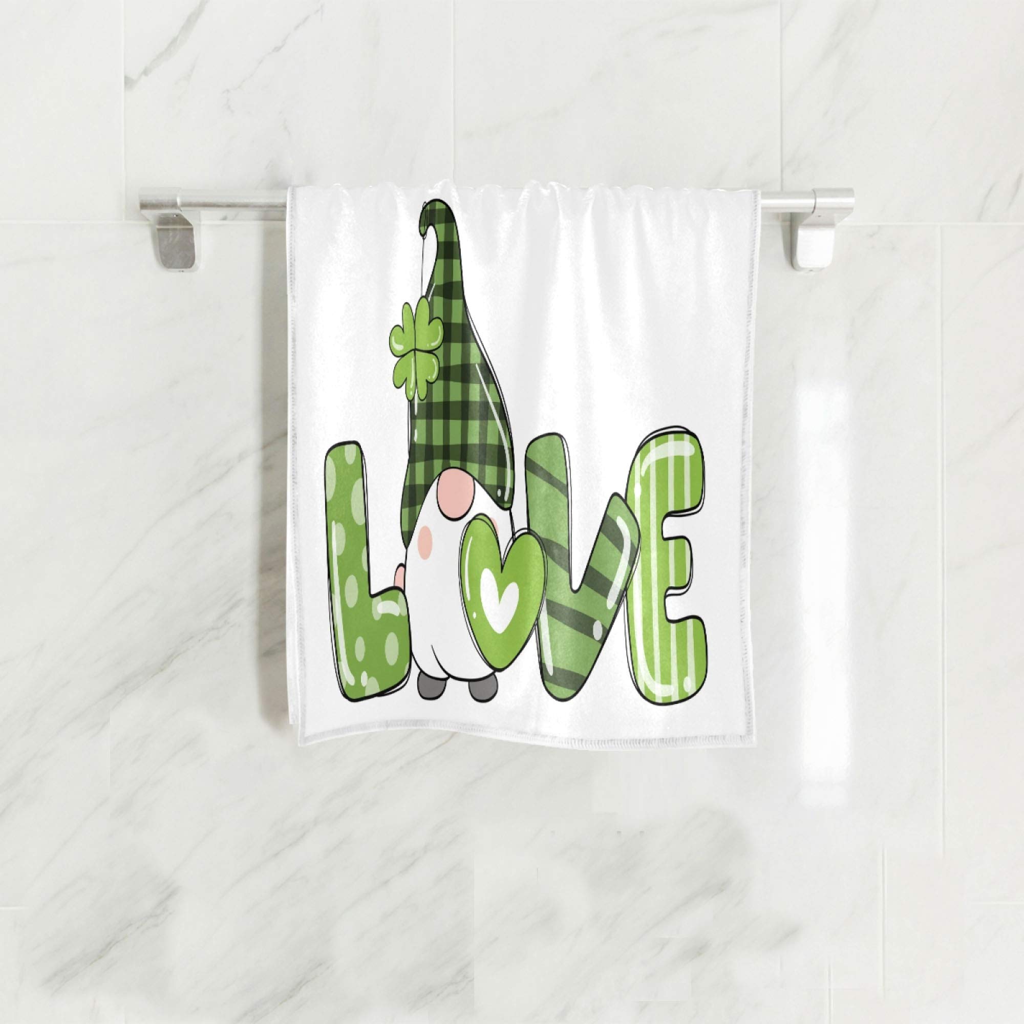 St.Patrick's Green Buffalo Plaid Gnomes Soft Hand Towels 30x15,Decorative Shamrock Love Letters Fingertip Kitchen Dish Towels Washcloth for Bathroom, Hotel, Gym and Spa