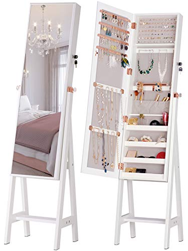 LUXFURNI Mirror Jewelry Cabinet Armoire with 3-Way Mount, Standing, Wall or Door Mounted, Jewelry Organizer with Full-Length Mirror, Lockable, Large Storage, White