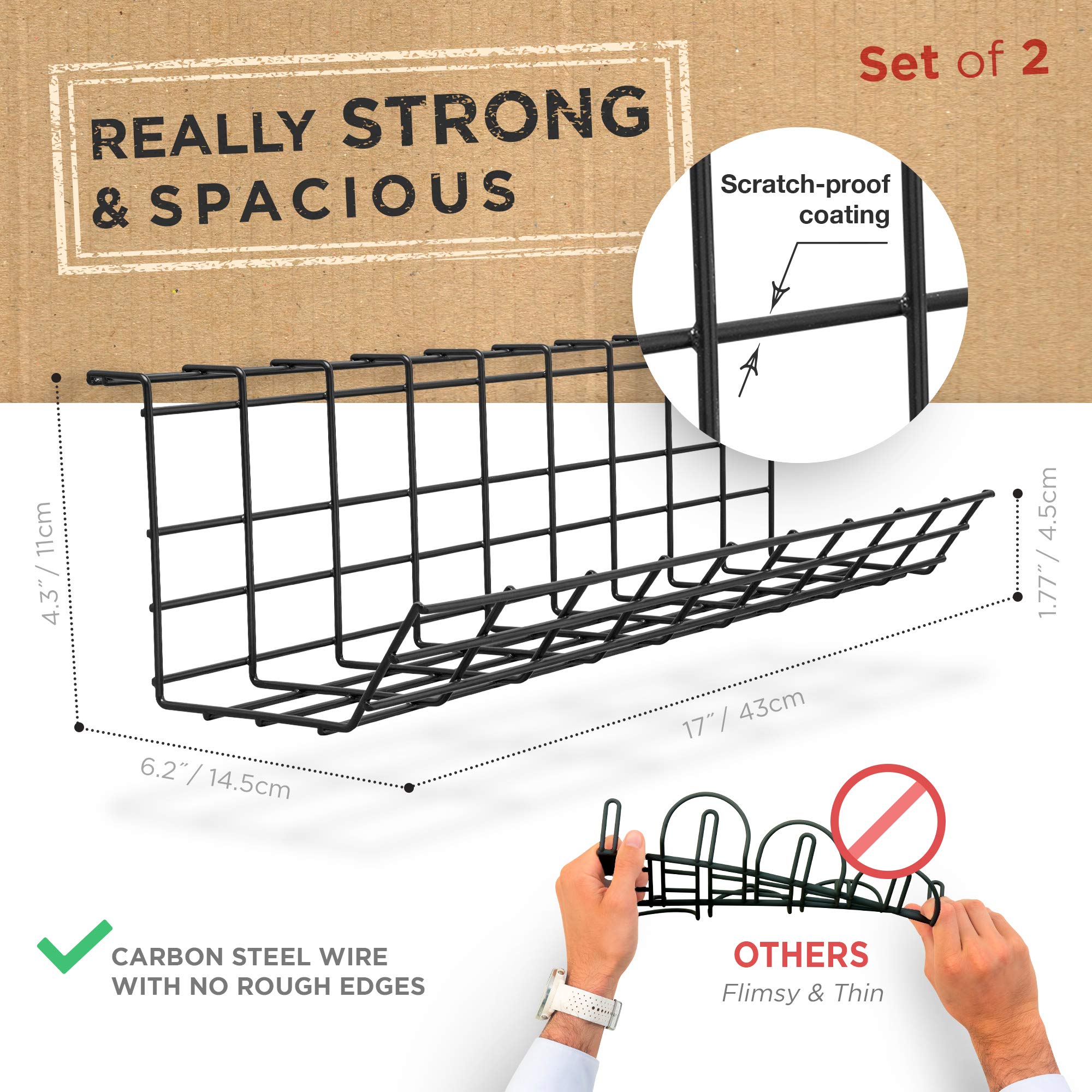Under Desk Cable Management Tray, Cord Organizer, Wire Holder - Black Cable Tray Set of 2X 17