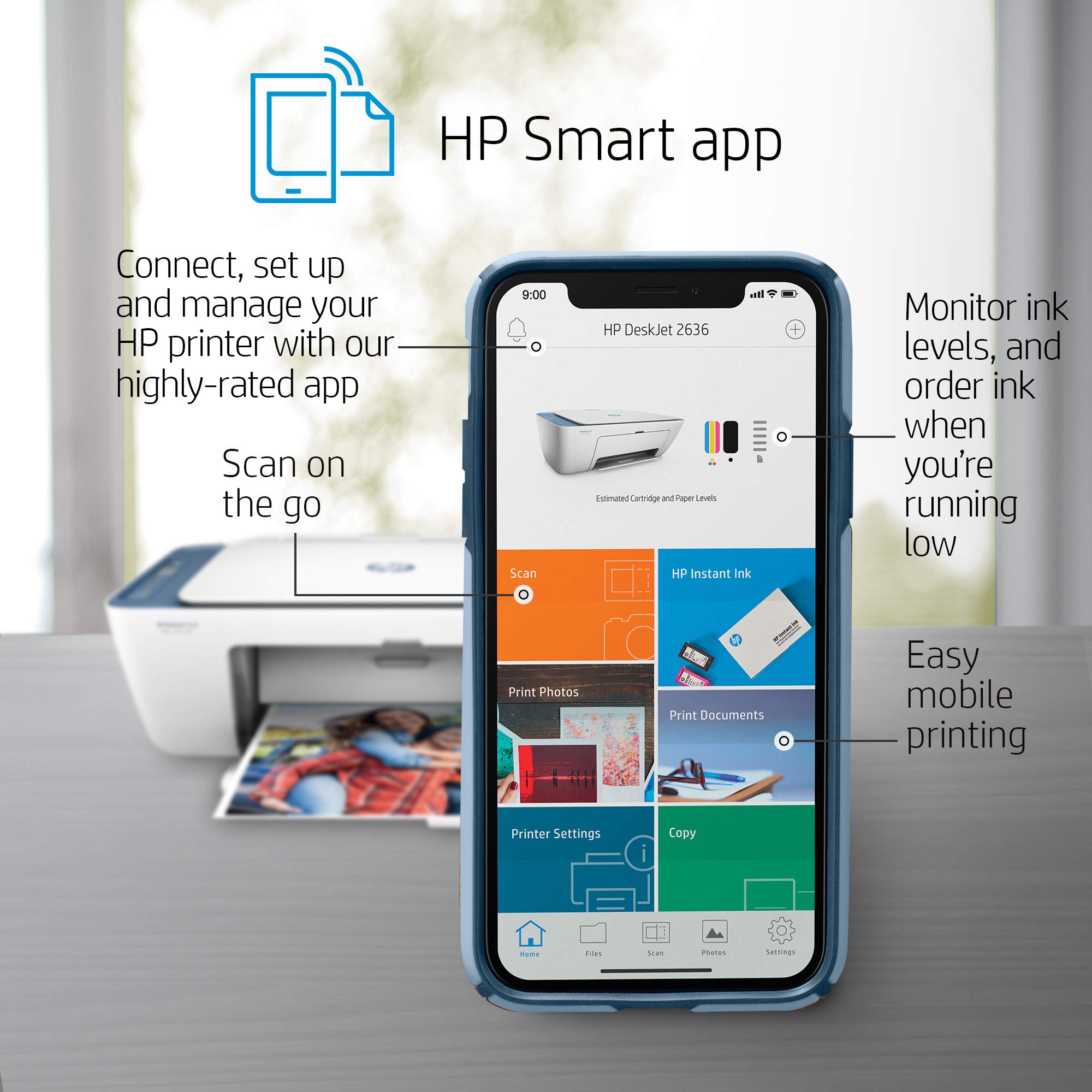HP DeskJet 2636 Wireless All-in-One Color Inkjet Printer, Copy & Scan with HP Smart App, Blue (Renewed)