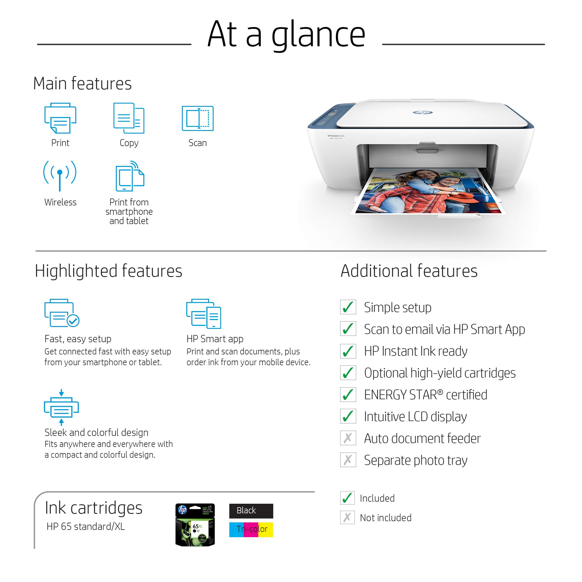 HP DeskJet 2636 Wireless All-in-One Color Inkjet Printer, Copy & Scan with HP Smart App, Blue (Renewed)