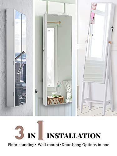 LUXFURNI Mirror Jewelry Cabinet Armoire with 3-Way Mount, Standing, Wall or Door Mounted, Jewelry Organizer with Full-Length Mirror, Lockable, Large Storage, White