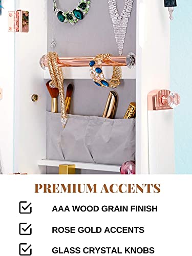 LUXFURNI Mirror Jewelry Cabinet Armoire with 3-Way Mount, Standing, Wall or Door Mounted, Jewelry Organizer with Full-Length Mirror, Lockable, Large Storage, White