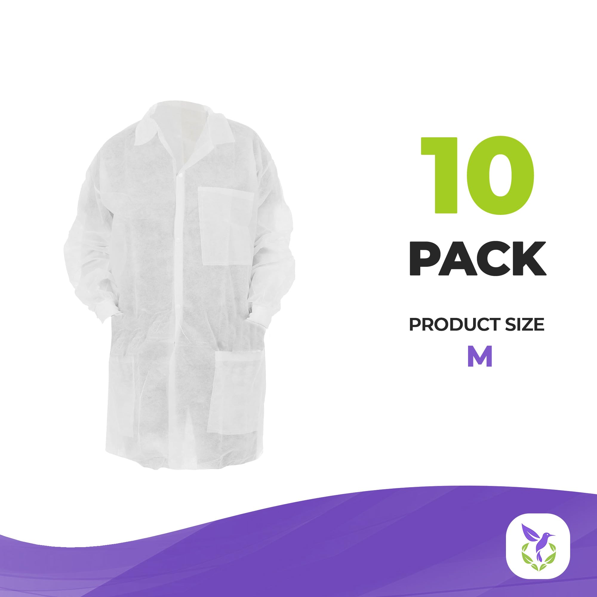 AMZ Disposable Lab Coats for Adults Medium, Spunbonded Polypropylene Medical Robes for Men and Women Pack of 10, Disposable Smocks 50 GSM, Lab Coats with Snaps, Folded Collar, Knit Wrists, 3 Pockets